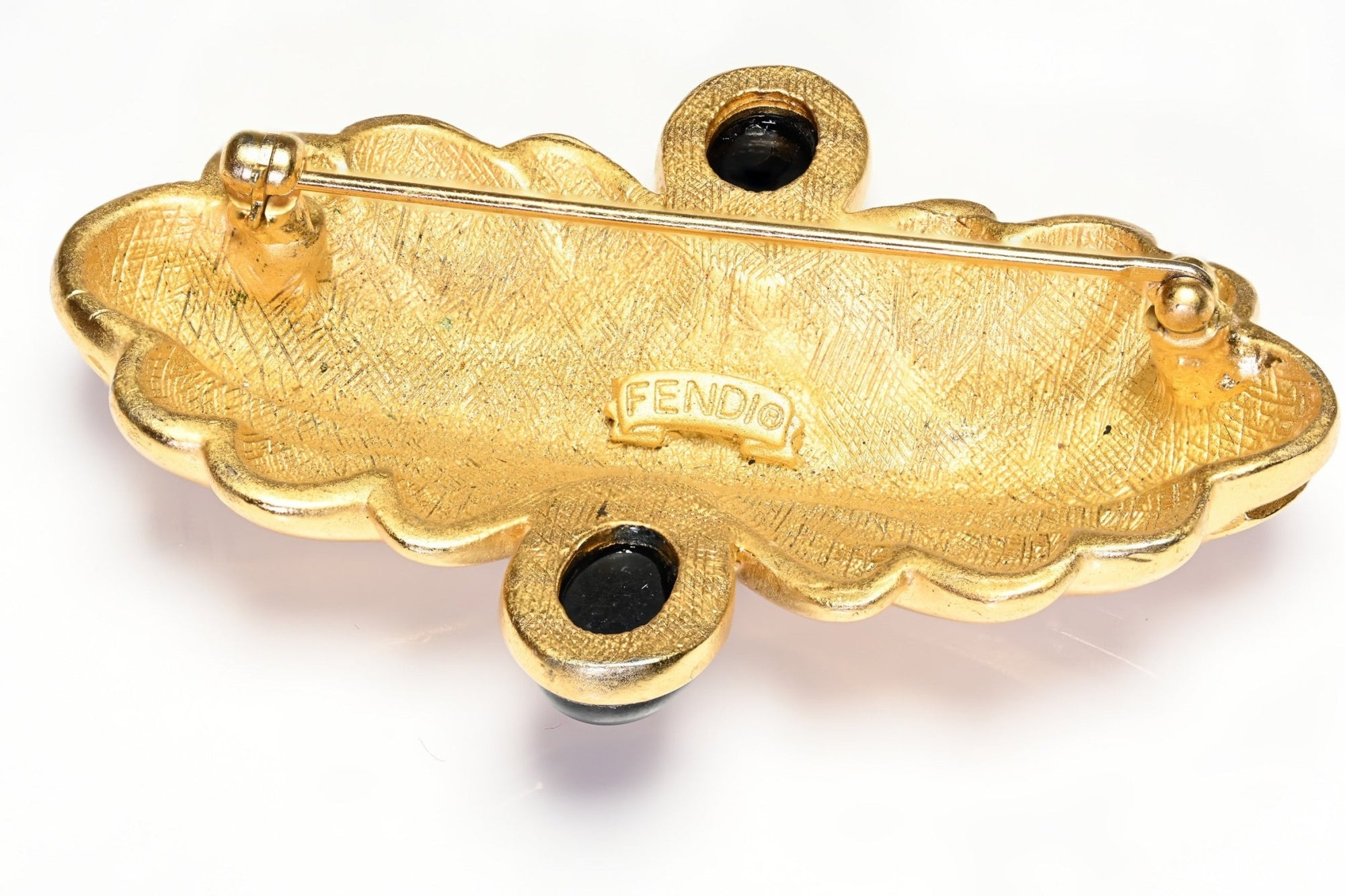 Vintage 1990's Fendi Gold Plated Black Cabochon Logo Brooch