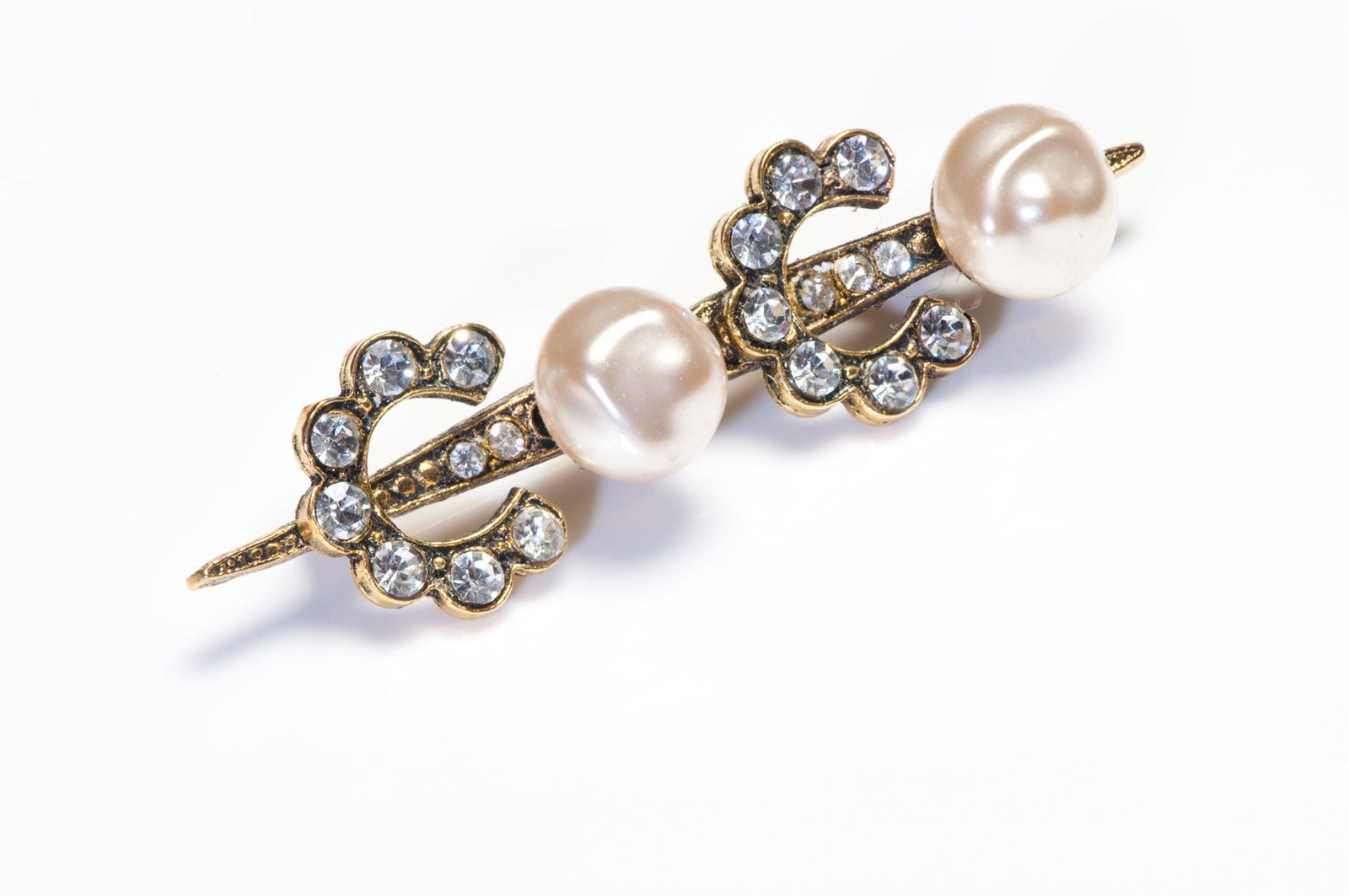 Vintage Chanel Paris 1984 Pearl Crystal Coco Letter Bar Pin Brooch