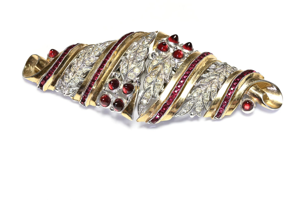 Vintage Coro Duette Gold Plated Rhodium Plated Red Crystal Flower ...