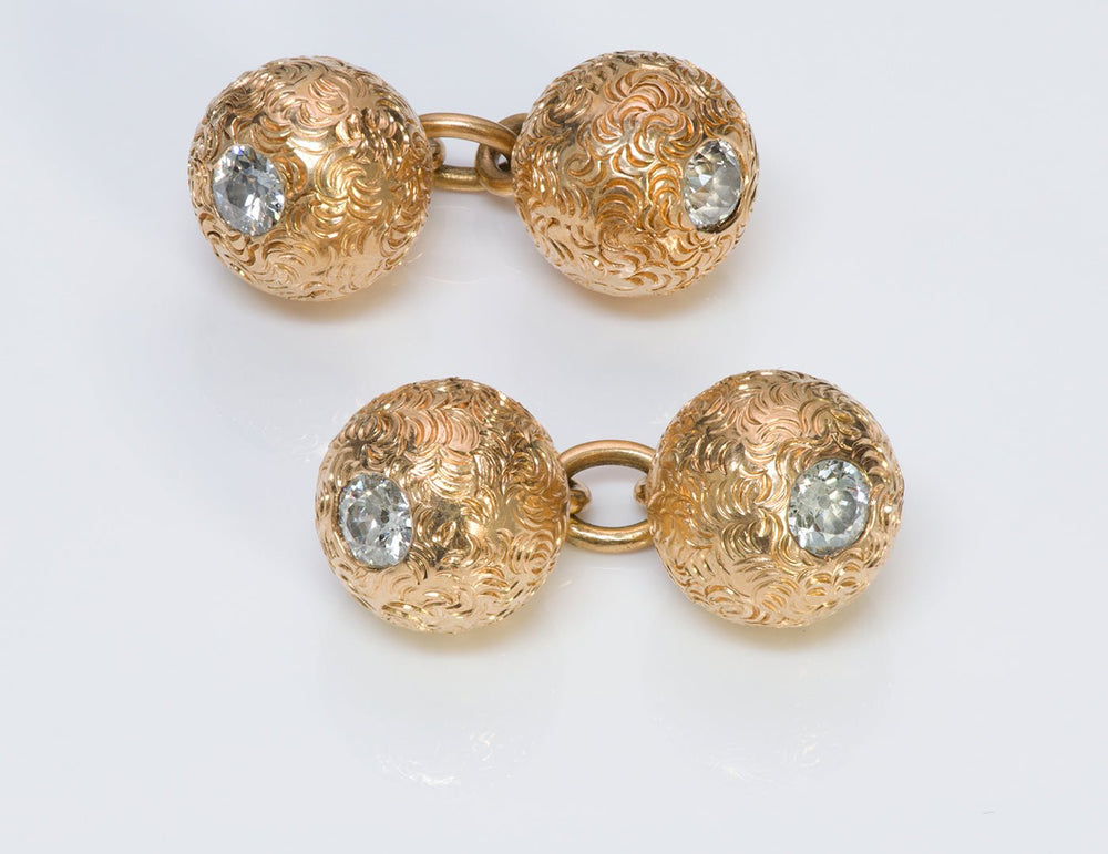 Vintage Diamond 18K Gold Engraved Ball Cufflinks