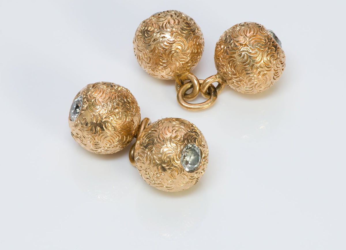 Vintage Diamond 18K Gold Engraved Ball Cufflinks