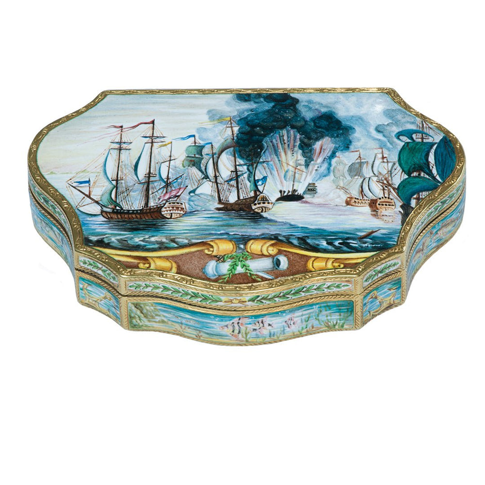 Vintage Engraved 18K Gold Enamel Box with Naval Battle Scene