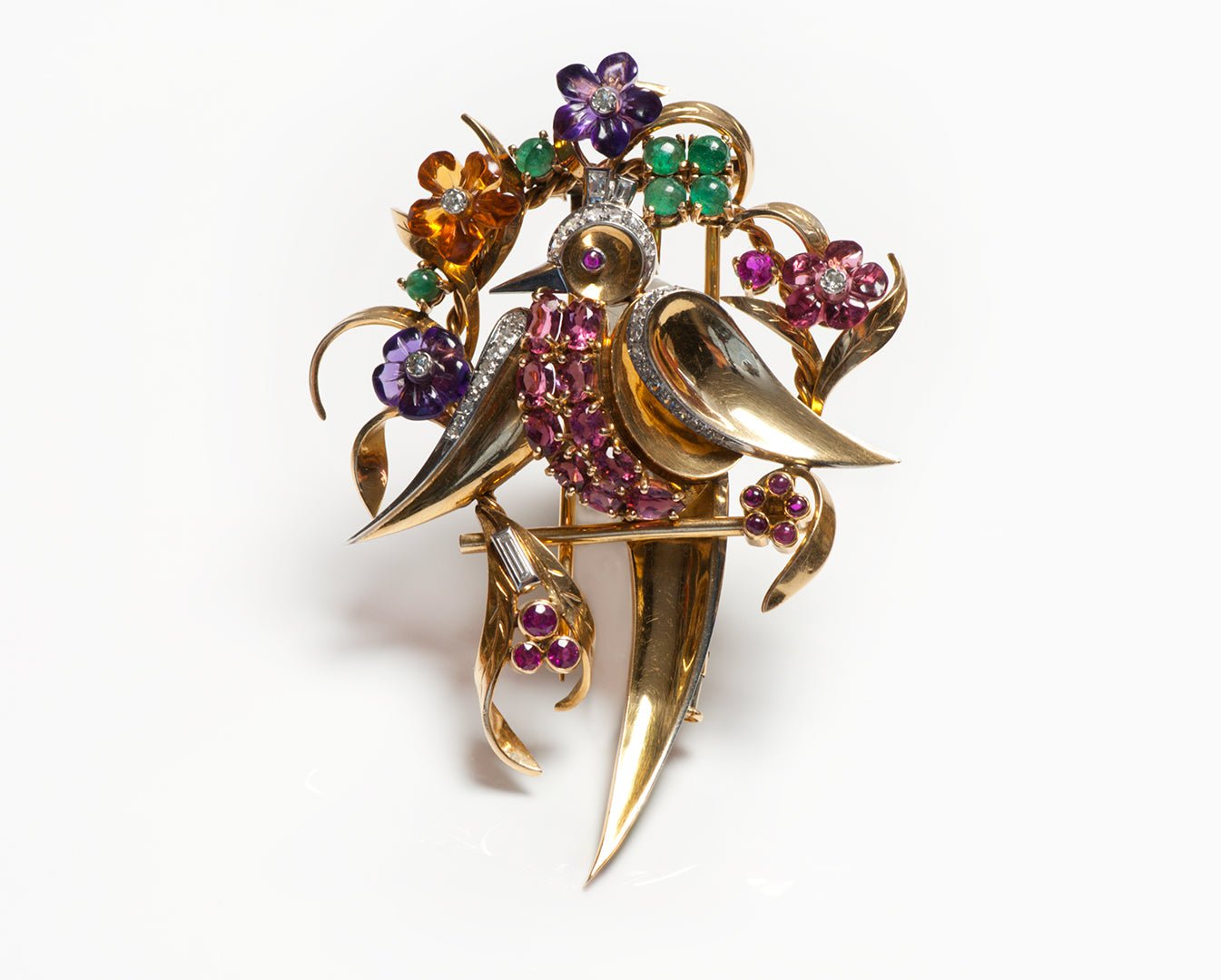 Vintage French 18K Gold Gemstone Stylized Bird Brooch