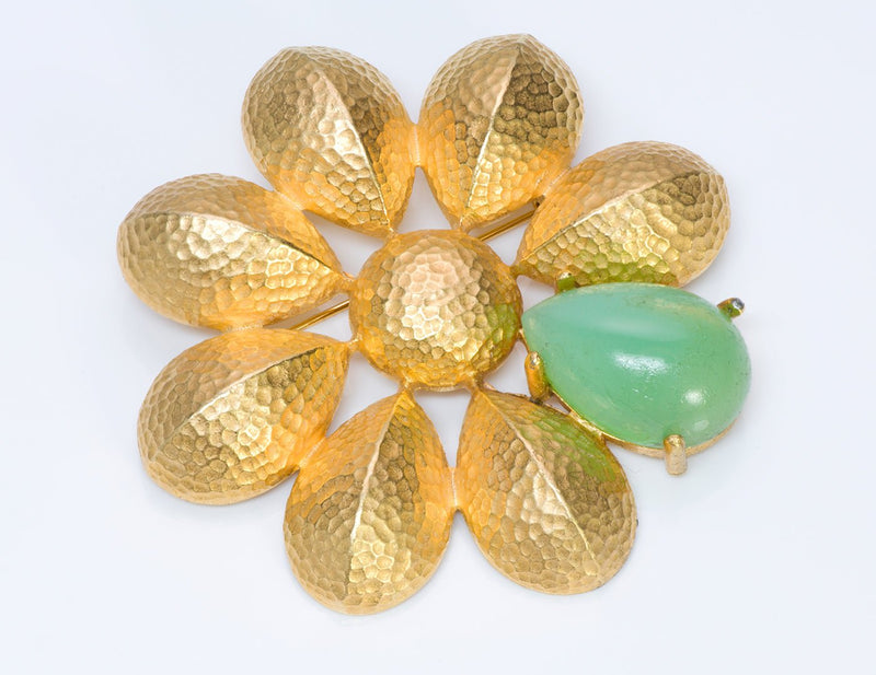 Vintage Givenchy Hammered Gold Tone Green Crystal Brooch