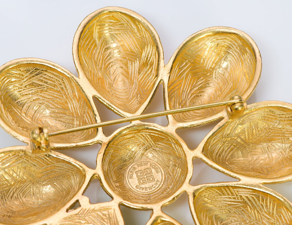 Vintage Givenchy Hammered Gold Tone Green Crystal Brooch