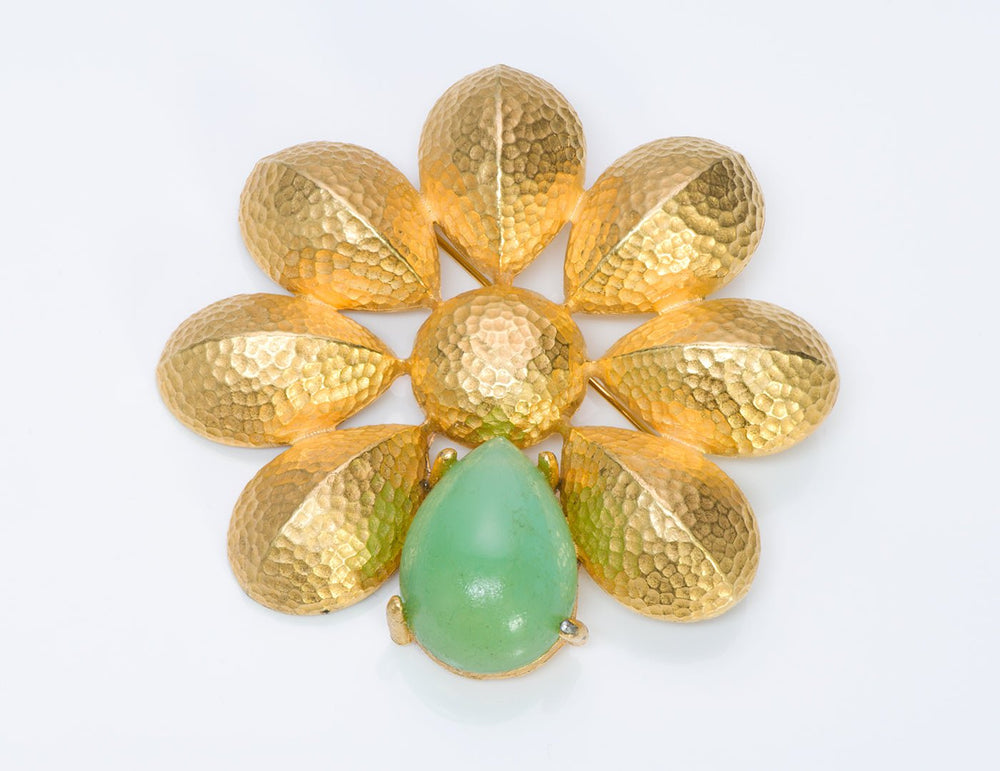 Vintage Givenchy Hammered Gold Tone Green Crystal Brooch