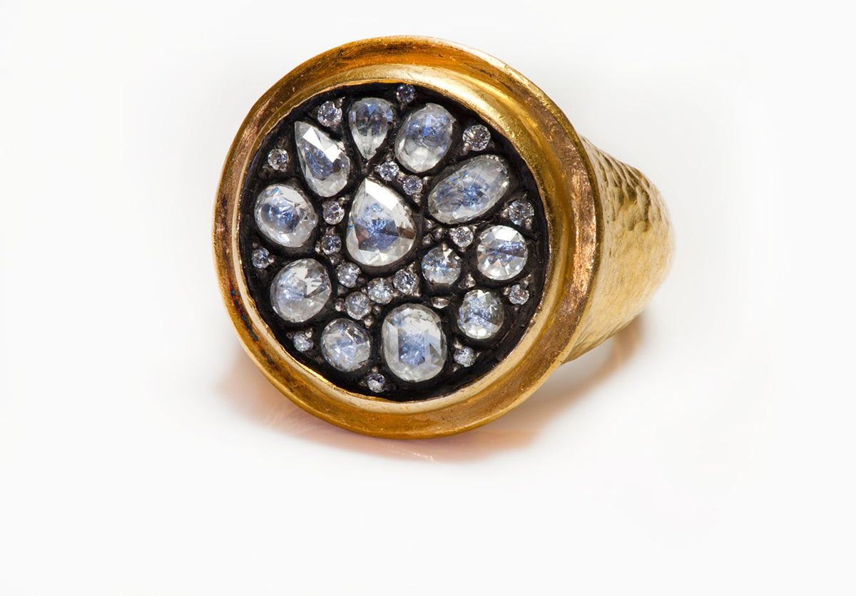 Vintage Hammered 24K Yellow Gold Rose Cut Diamond Ring
