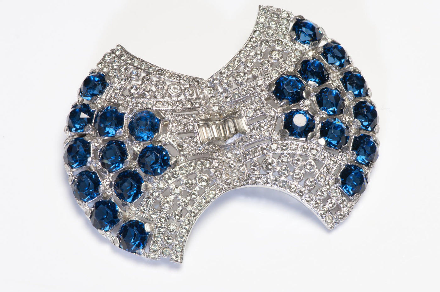 Vintage Trifari 1940’s Alfred Philippe Rhodium Plated Blue Crystal Bow Brooch