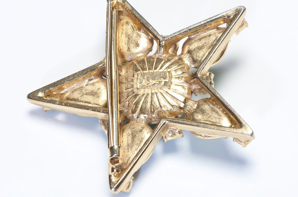 Vintage Yves Saint Laurent YSL Green Blue Crystal Cabochon Star Brooch